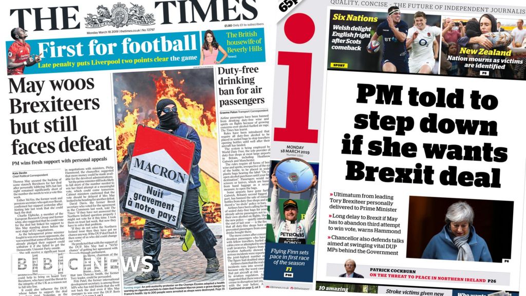 Newspaper headlines: May 'woos Brexiteers' in final appeal - BBC News