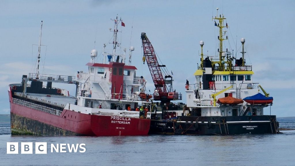 'Good progress' in removing cargo and fuel from grounded ship - BBC News