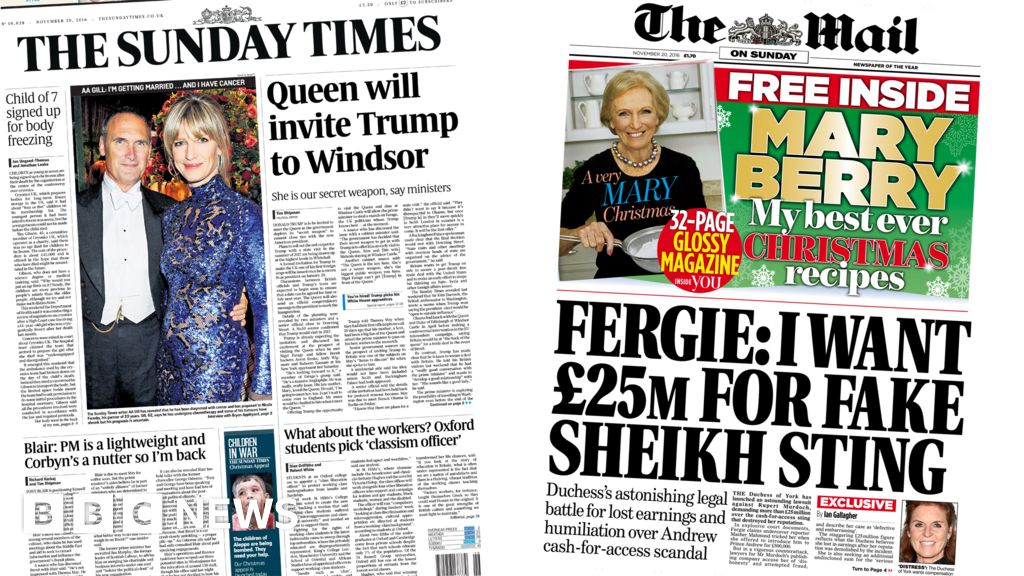 Newspaper headlines: Queen to meet Trump and 'Fergie' sues over Fake ...