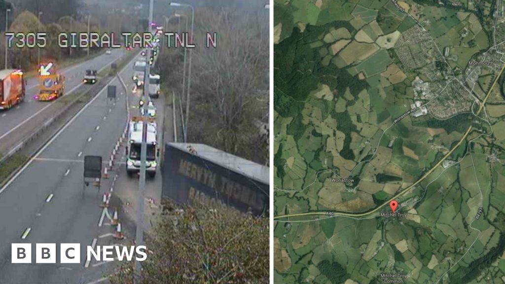 Man arrested after two-lorry crash on A40 near Monmouth - BBC News