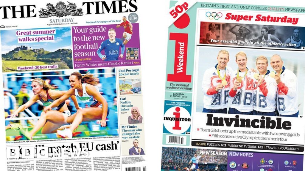 Newspaper headlines: EU cash match and rowing gold in Rio - BBC News