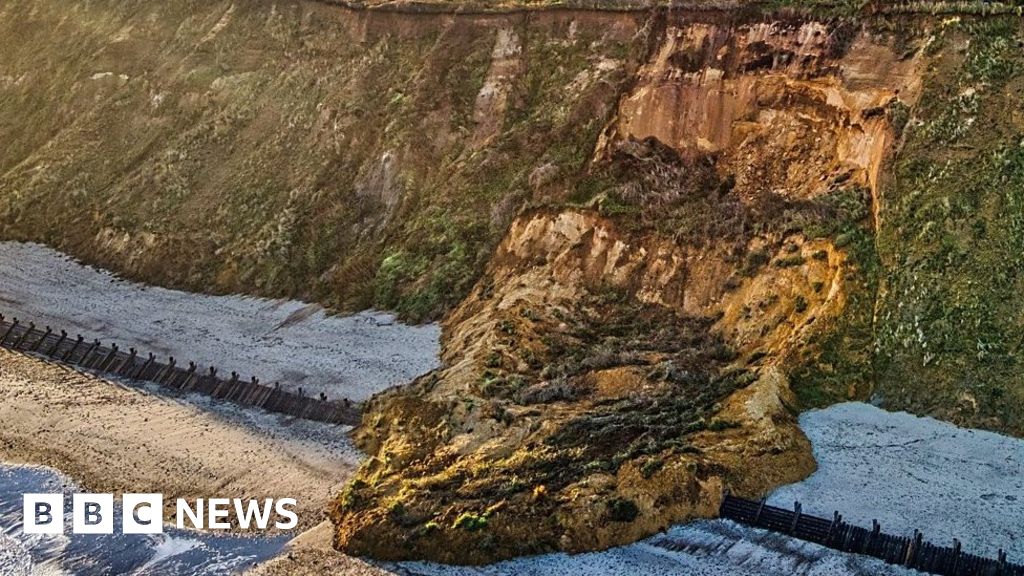 Mundesley beach winter cliff collapse captured by drone - BBC News