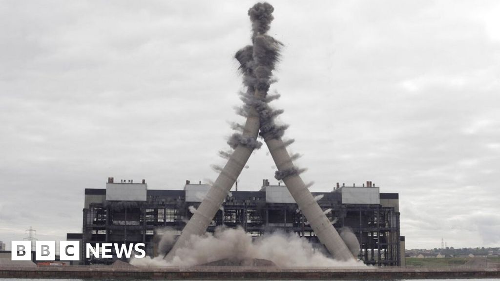 Drone footage of chimney demolition - BBC News