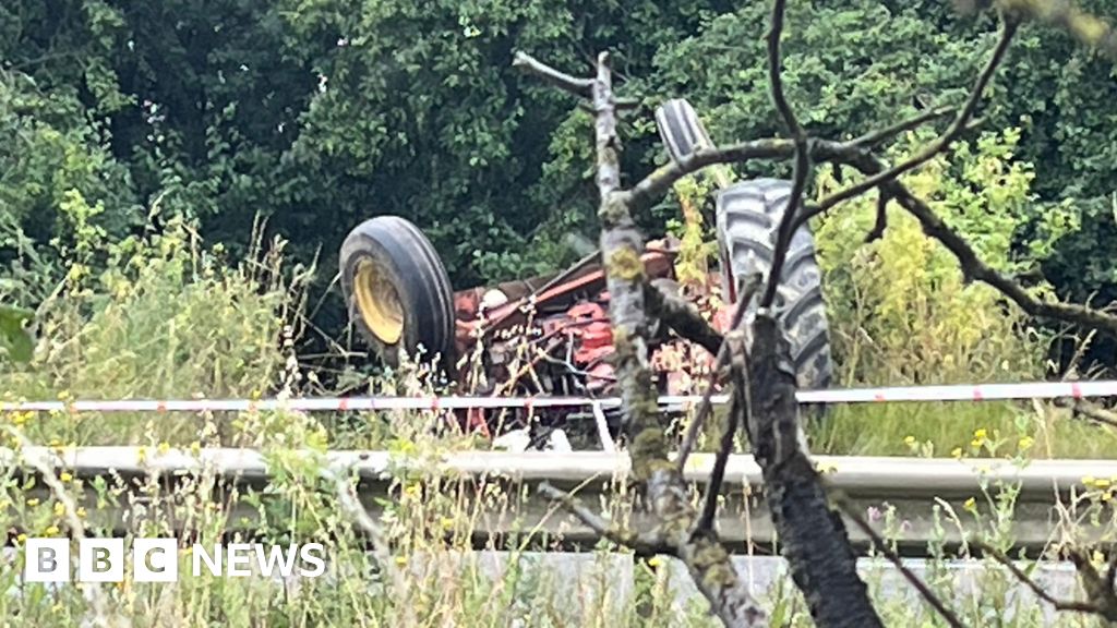 Man taken to hospital as tractor crash closes part of A1307 - BBC News