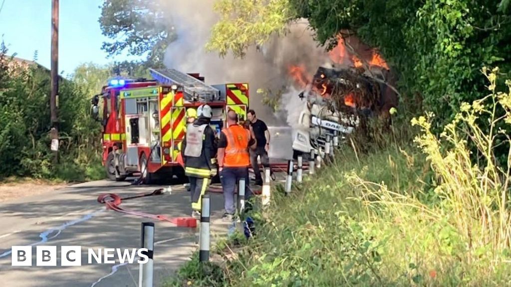 Lorry catches fire after leaving Devon road - BBC News