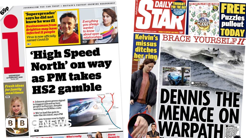 Newspaper headlines: HS2 'gamble' and Storm 'Dennis the Menace'