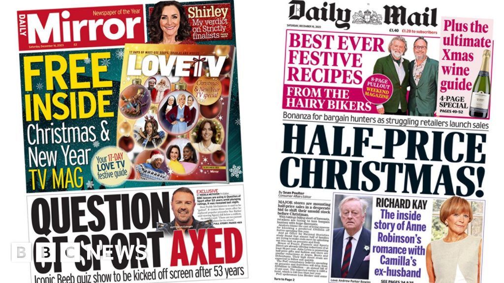 Newspaper headlines: 'Question of Sport axed' and 'half-price Christmas'