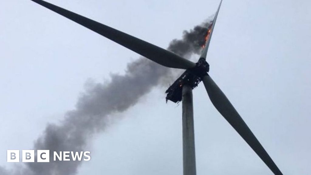 Doddington wind turbine catches fire after storms - BBC News