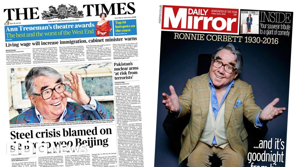 Newspaper headlines: Steel future, Ronnie Corbett, Zaha Hadid, April ...