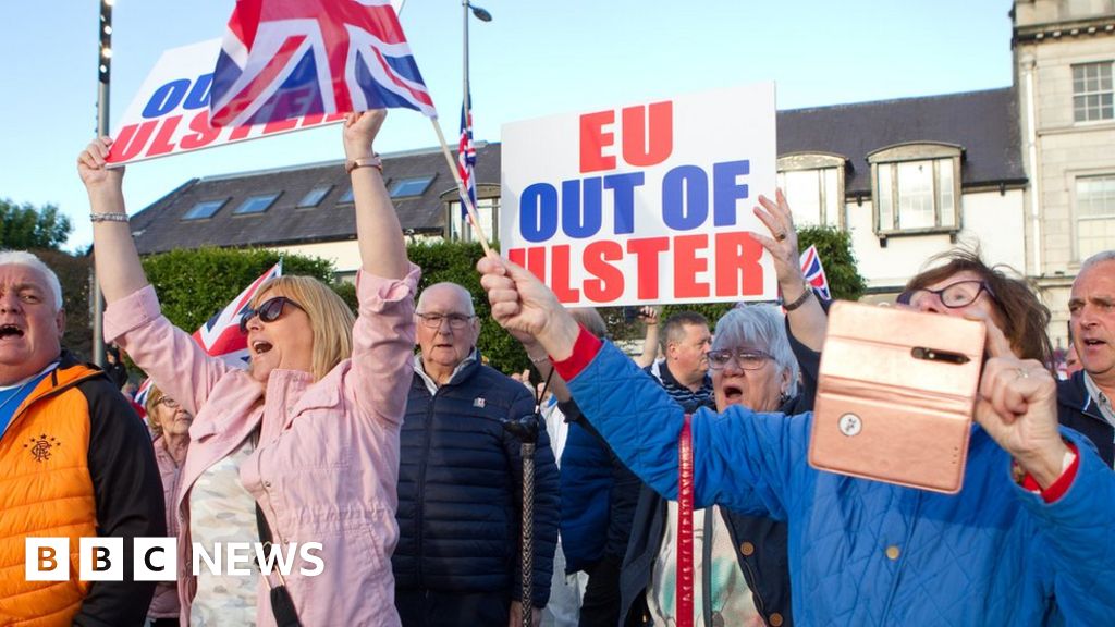 Hundreds gather in Ards to protest Irish Sea border - BBC News