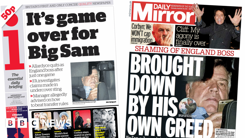 'Shamed' Sam Allardyce on every front page - newspaper review - BBC News