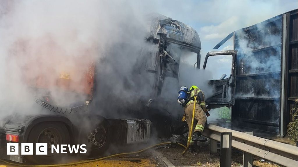 'Everyone safe' after lorry is destroyed by fire on the M1