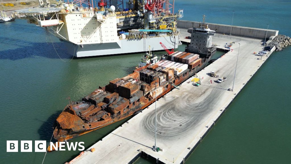 Drone footage shows fire-damaged cargo vessel in Aberdeen - BBC News