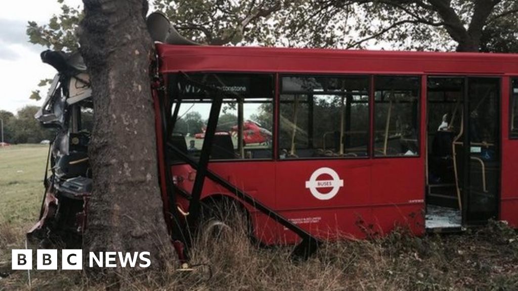 Two passengers trapped as bus hits tree in east London - BBC News
