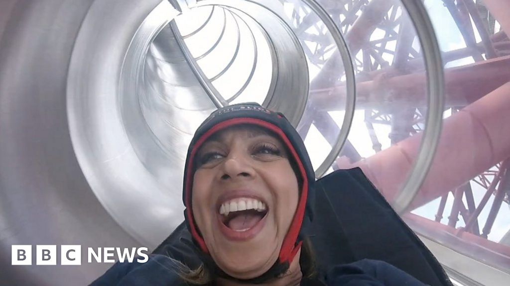 London Olympics: BBC presenter Riz Lateef rides the Orbit slide - BBC News