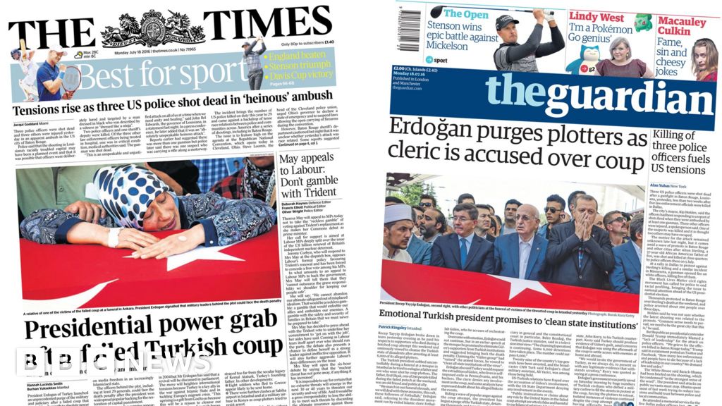 Newspaper headlines: Fall-out from failed Turkey coup attempt - BBC News