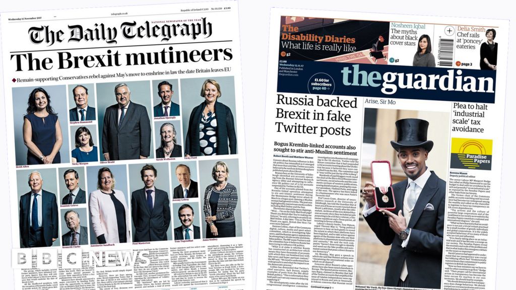 Newspaper headlines: 'Brexit mutineers', and Russian tweets