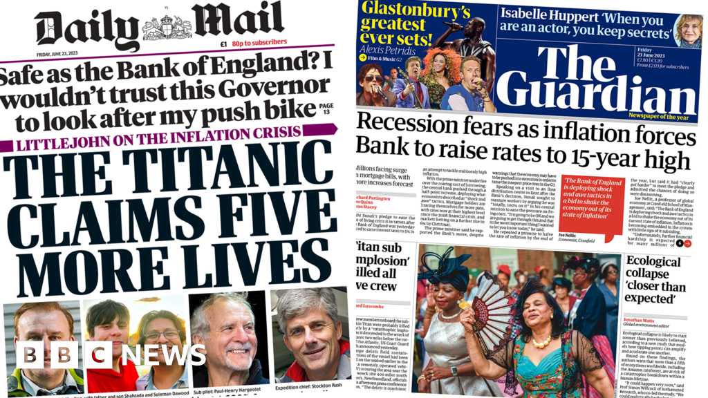 Newspaper headlines: 'Titanic claims five more' and 'recession fears ...