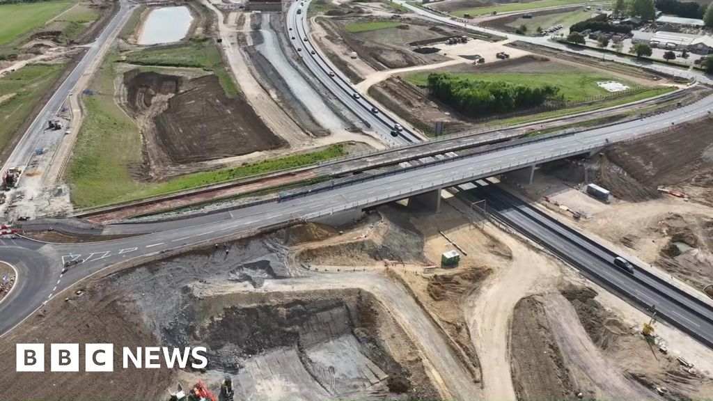 Drone footage shows completed bridge over A421 near Bedford