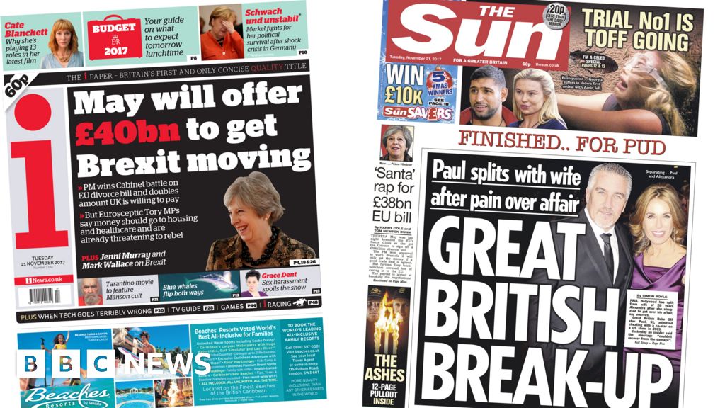 Newspaper headlines: £40bn Brexit bill and Bake Off star split - BBC News