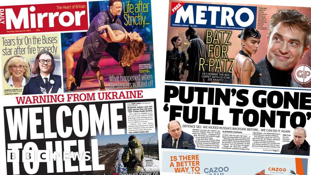 Newspaper headlines: 'Putin declares war' and missiles hit Kyiv - BBC News
