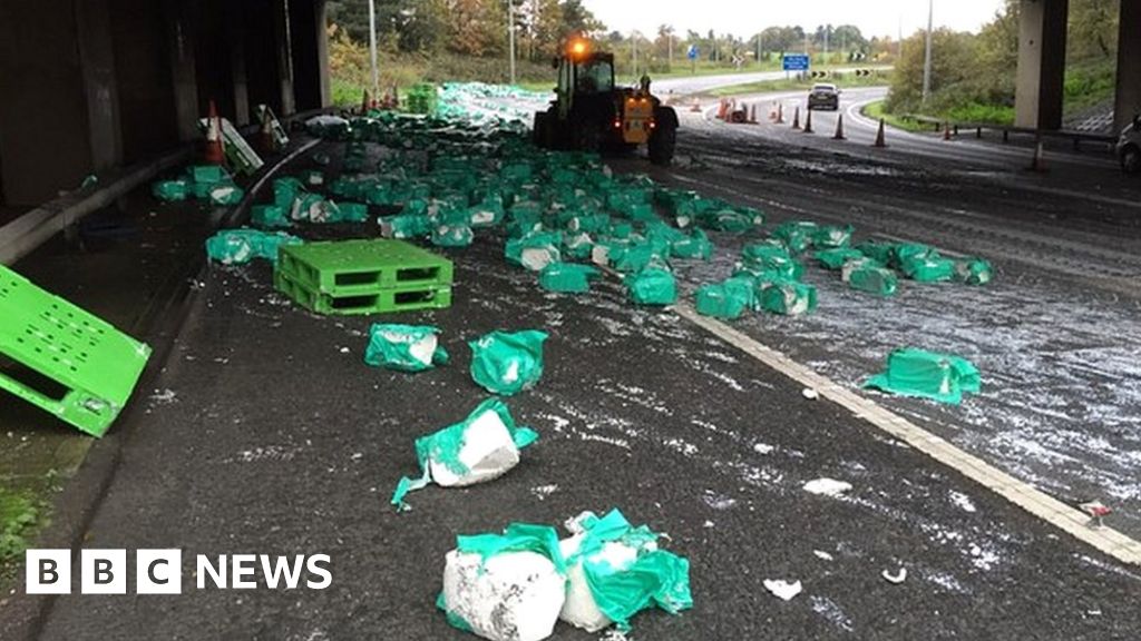 Bags of lard block busy motorway junction in Essex - BBC News