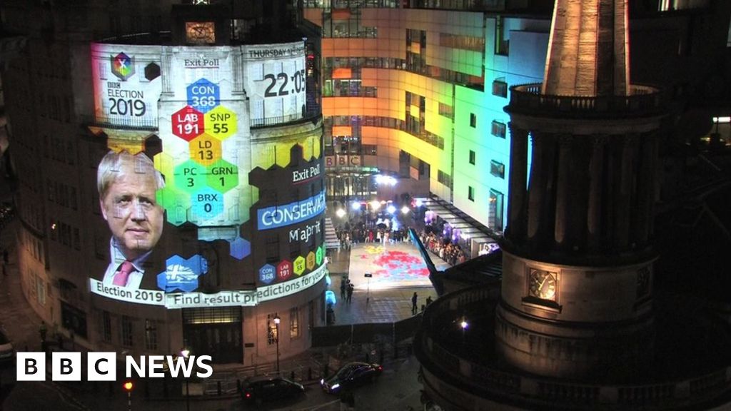 Election 2019 results projected onto Broadcasting House - BBC News