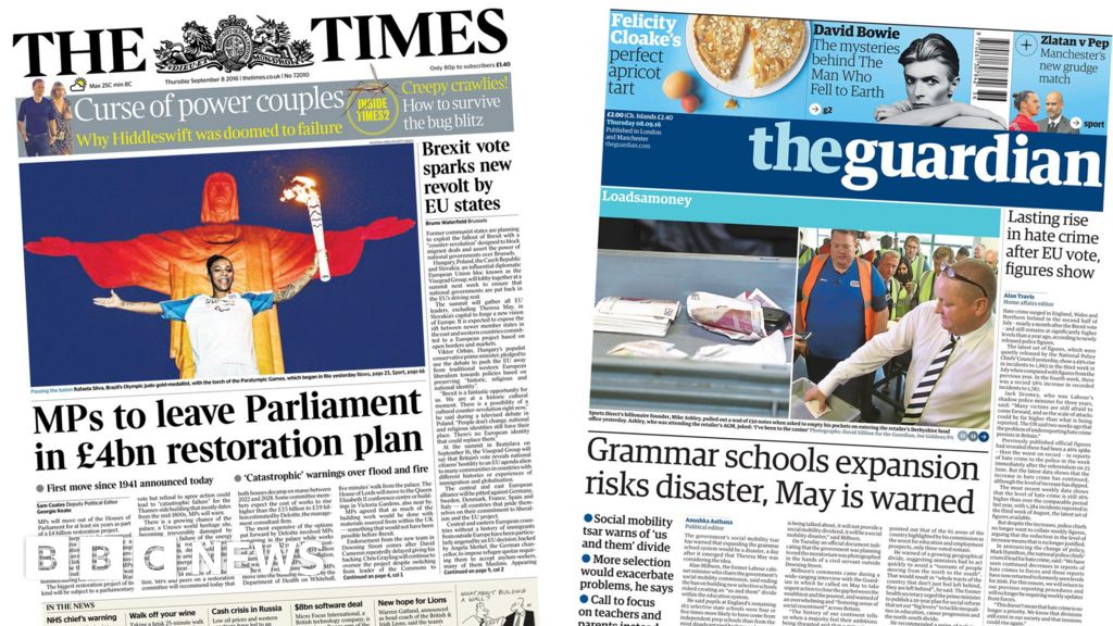 Newspaper headlines: Parliament refit plan and grammar schools row ...