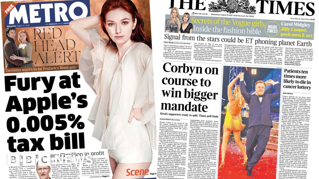 Newspaper headlines: Apple 'rages' over tax bill as UK sees ...