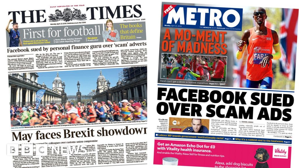 Newspaper headlines: 'Brexit showdown' and Facebook scams - BBC News