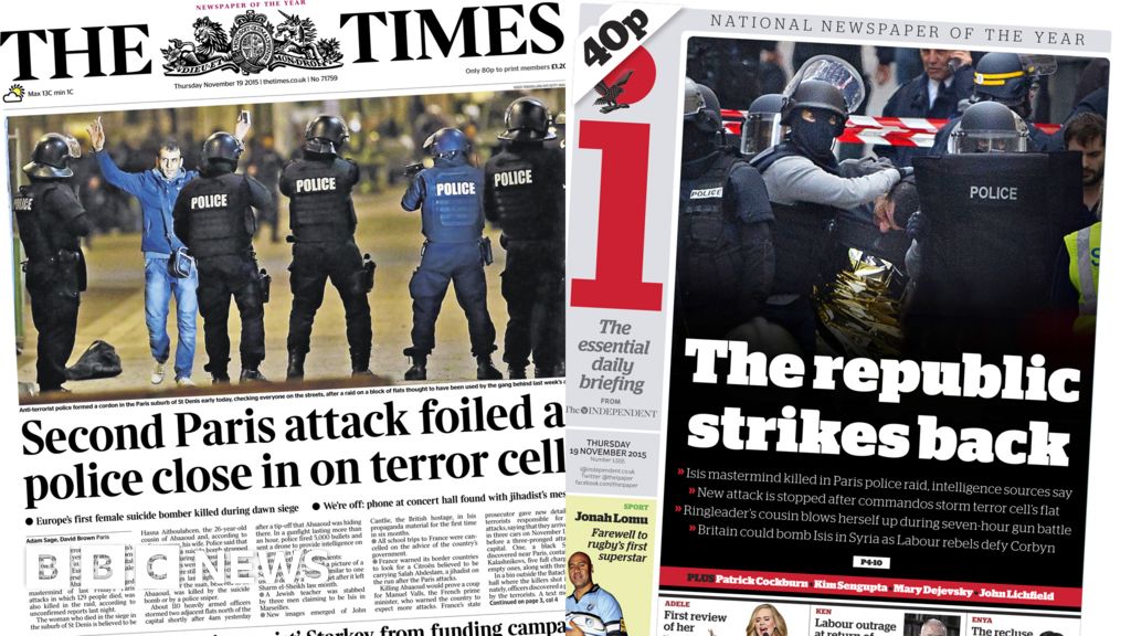 Newspaper headlines: Paris police raid, Syria strikes debate and Jonah ...