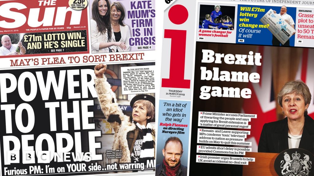 Newspaper headlines: May's 'blame game' Brexit speech to nation - BBC News