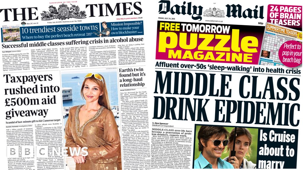 Newspaper headlines: Middle class drink 'epidemic', aid 'giveaway' and ...