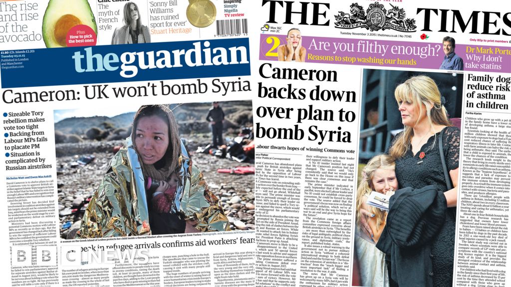Newspaper headlines: UK 'won't bomb Syria', PM's 'fog over Europe' and ...