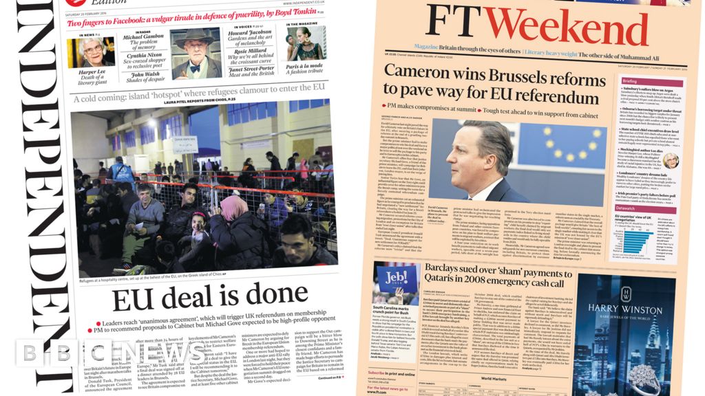 Newspaper headlines: 'EU deal done', Gove backs 'Brexit', and Harper ...