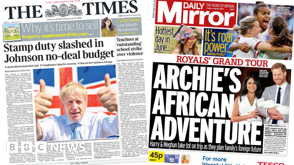 Newspaper headlines: Johnson's 'no-deal budget' and royal tour - BBC News