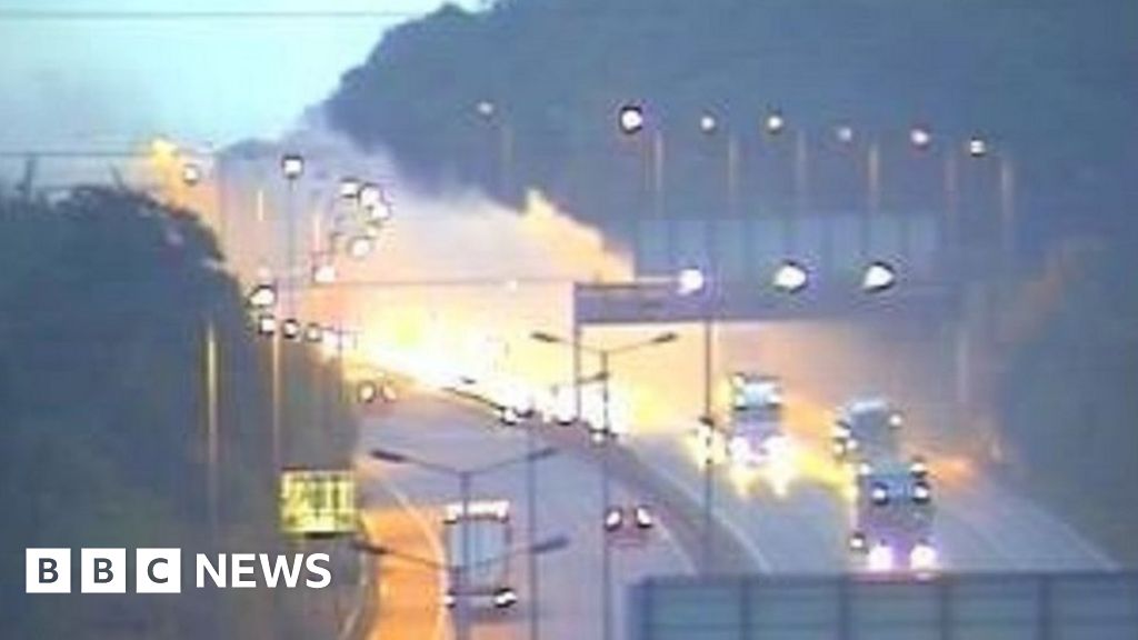 Lion bars lorry engulfed by fire on A2 near Bluewater - BBC News