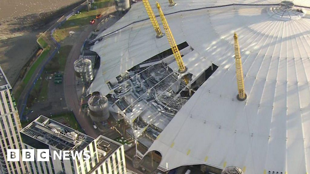 Storm Eunice: Helicopter footage shows damage to The O2's roof