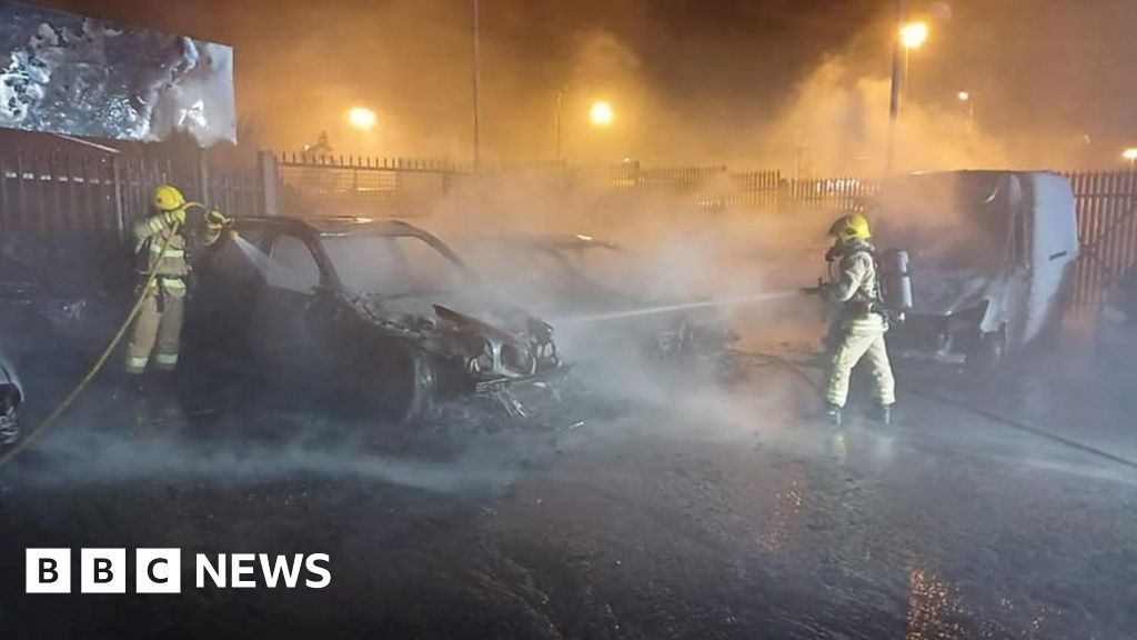 Several vehicles are destroyed by a fire at Pennybridge industrial estate.
