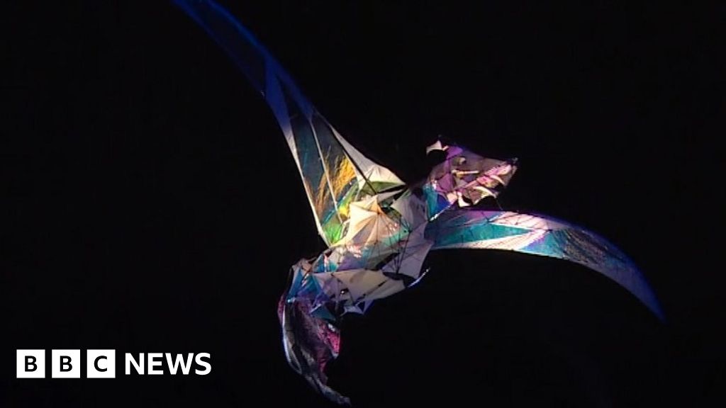 Hatchling: Giant dragon puppet flies off Plymouth coast - BBC News