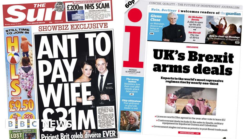 Newspaper headlines: Brexit arms deals and 'priciest' divorce - BBC News