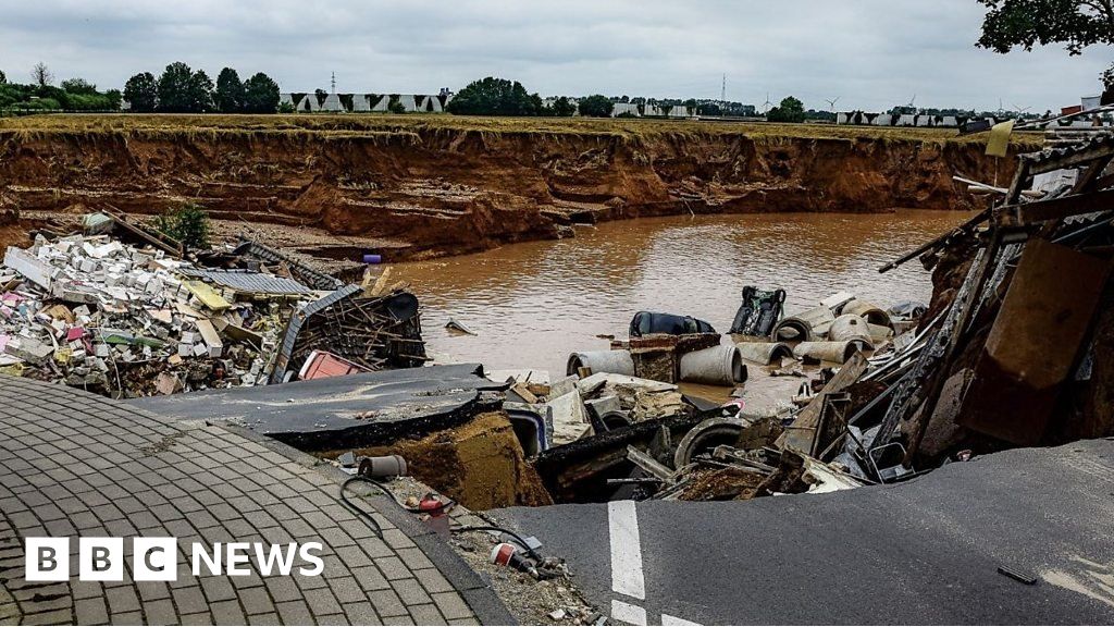 Drone footage shows flood damage in Germany and Belgium - BBC News