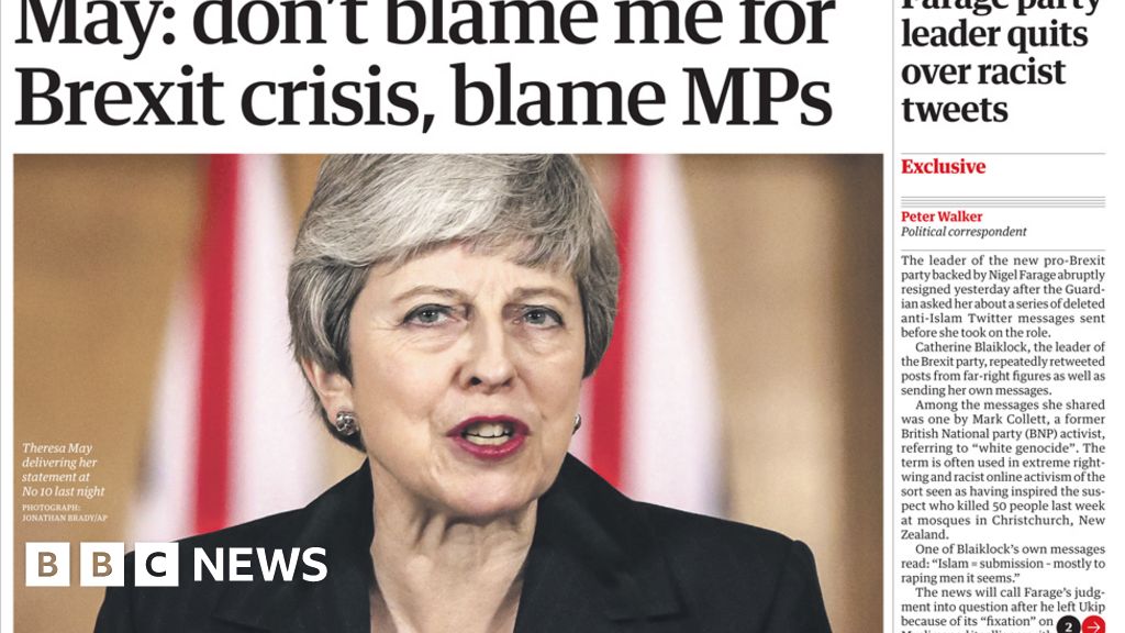 Newspaper headlines: May's 'blame game' Brexit speech to nation - BBC News
