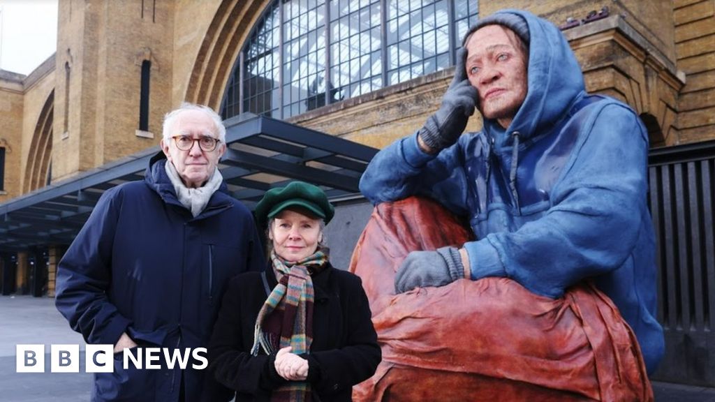 The Crown stars unveil giant sculpture of homeless man - BBC News