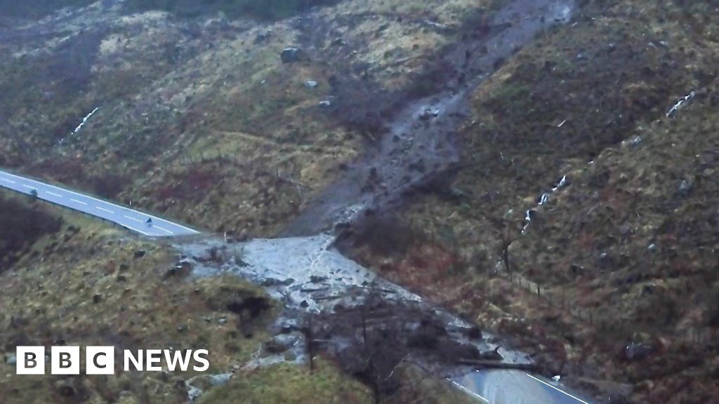 Drone footage shows Rest And Be Thankful landslip - BBC News