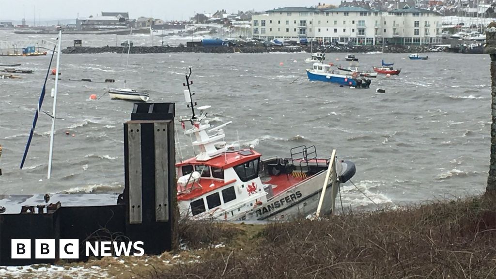 Storm Emma smashes boats at Holyhead marina, Anglesey - BBC News