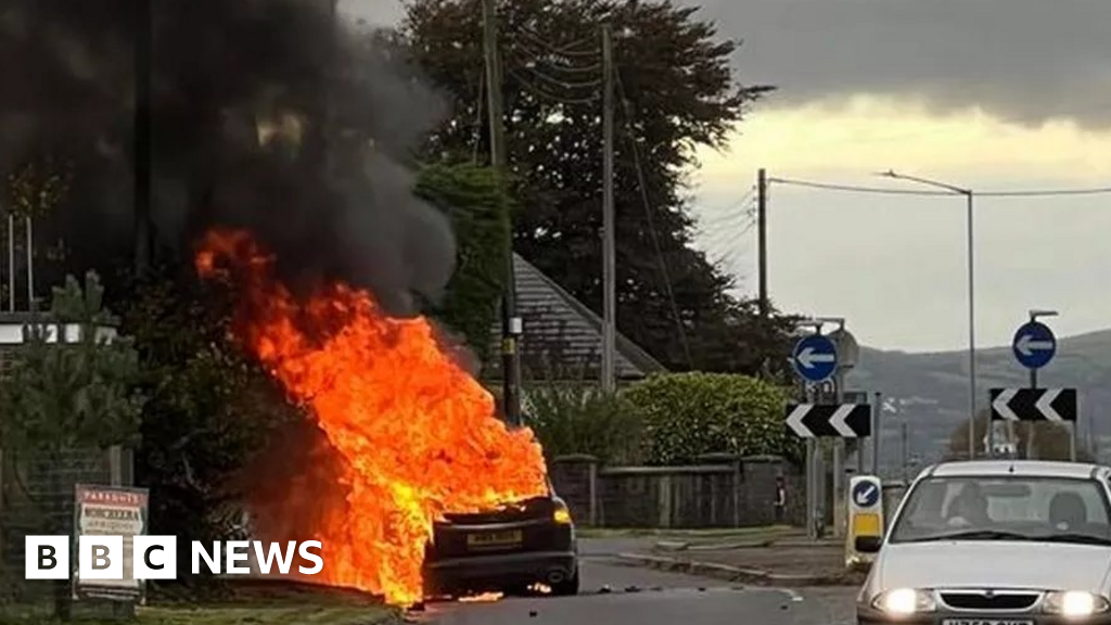 Car blaze closes road as flames spread to hedge - BBC News