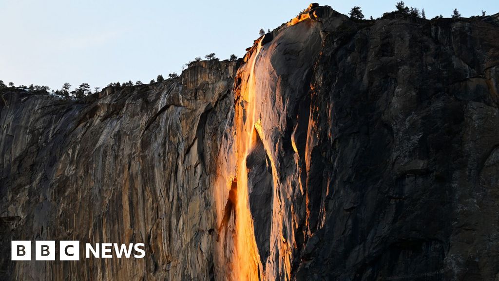 Yosemite waterfall glows like lava in setting sun - BBC News
