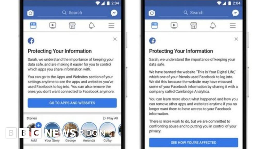 Facebook go send Cambridge Analytica warning to users - BBC News Pidgin