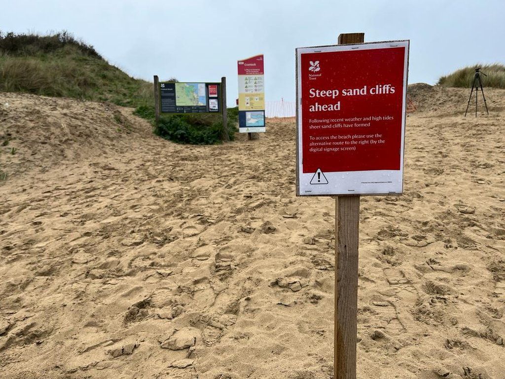 Warning over 'unstable' sand dunes at Crantock Beach - BBC News
